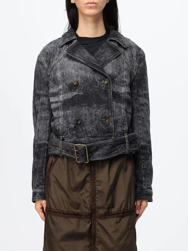DIESEL® Cropped Abstract Print Biker Jacket In Worn-out Denim With Belt