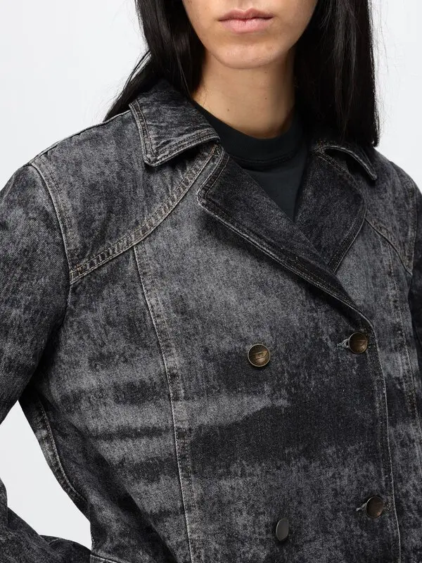 DIESEL® Cropped Abstract Print Biker Jacket In Worn-out Denim With Belt