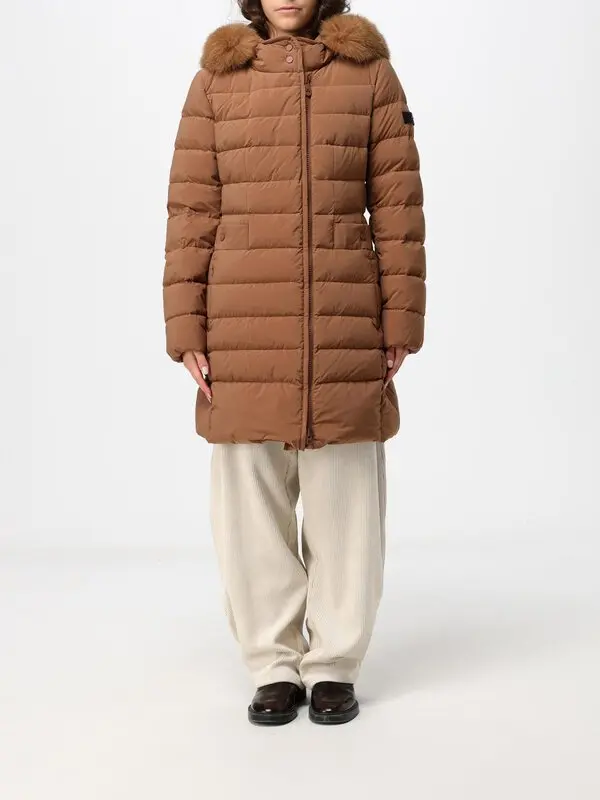 Peuterey Knee-length Quilted Nylon Down Jacket With Shearling Hood - Walnut