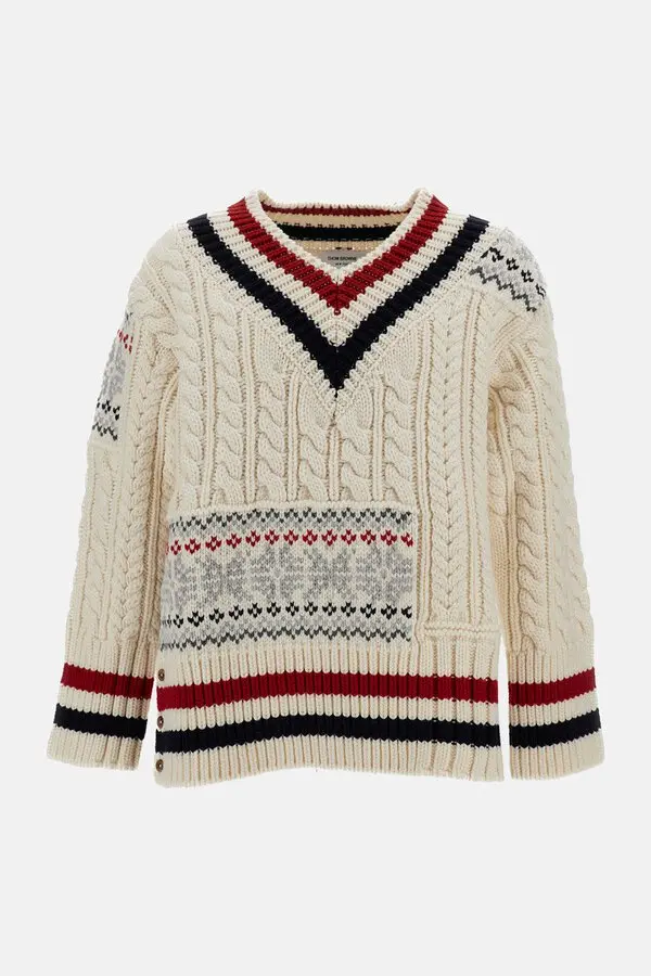 Thom Browne Patchwork Cable Fairisle V Neck Cricket Pullover In Merino Wool