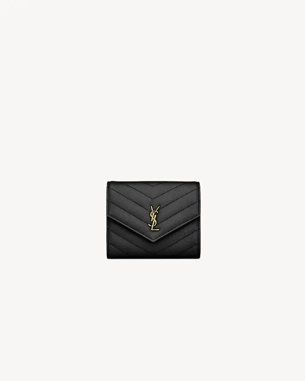 Saint Laurent Cassandre Matelassé Compact Tri Fold Wallet In Grain De Poudre Leather - Black