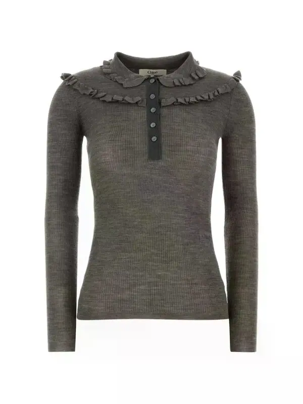 Chloé Henley Ruffled-trim Fine-knit Top - Grey