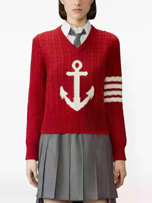 Thom Browne Merino-wool 4-bar Intarsia Anchor Pullover - Red
