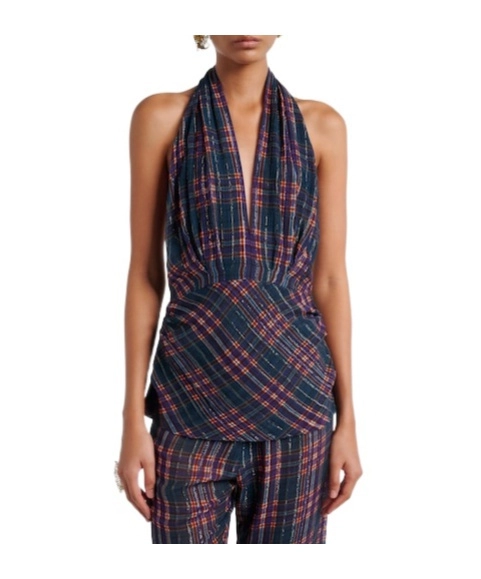 Dries Van Noten Plaid Lamé Halterneck Top