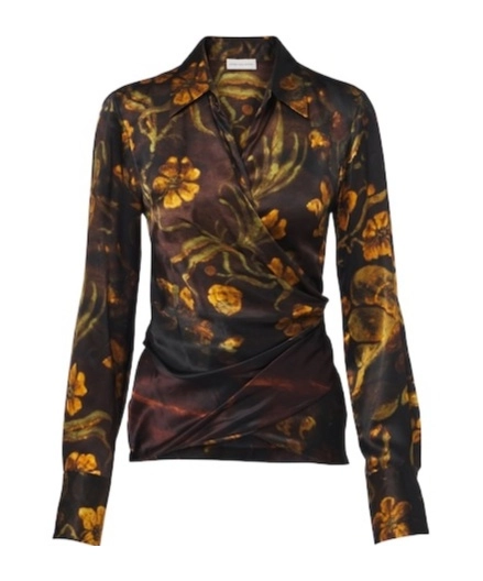 Dries Van Noten Draped Floral Silk Satin Wrap Top