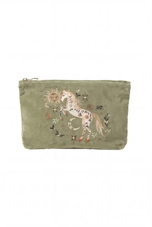 ELIZABETH SCARLETT Mystical Horse Velvet Everyday Pouch - Olive