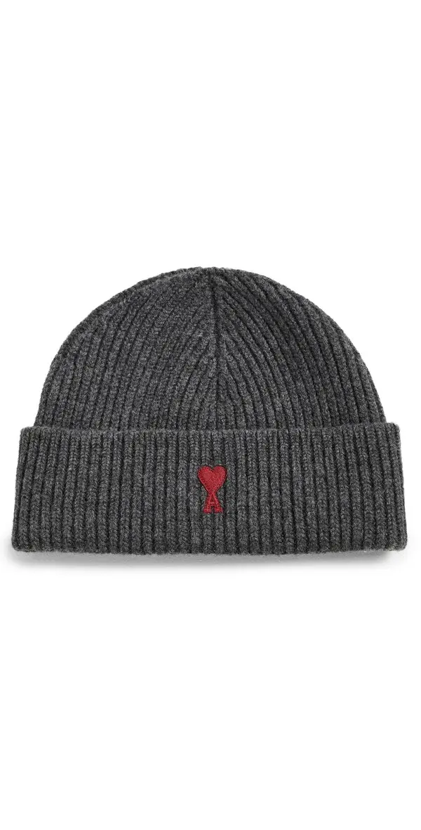 AMI Paris Quota Beanie With Red De Coeur - Gris Chine/rouge