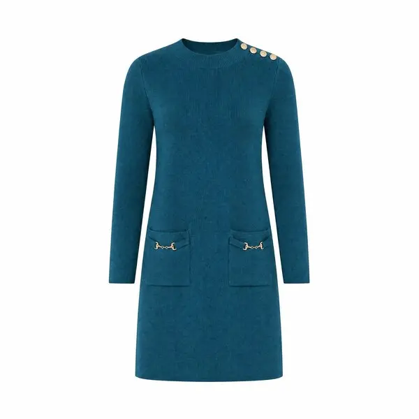 YUMI Teal Knitted Tunic Dress With Gold Hardware Details