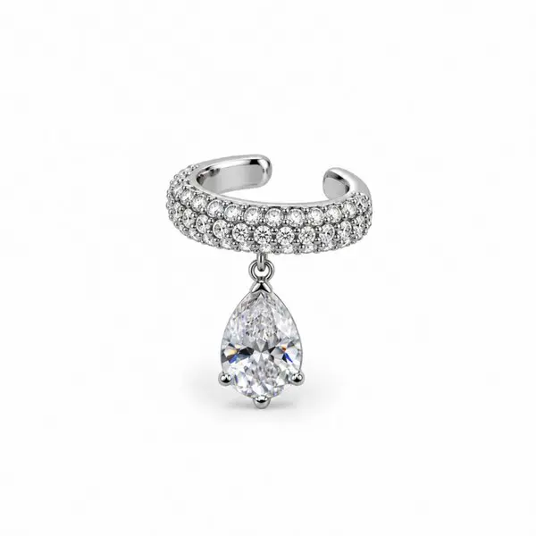 JAGGED HALO JEWELRY Bombshell Pear-shaped Cz Drop Ear Cuff White Gold Plated Stainless Steel - Silver
