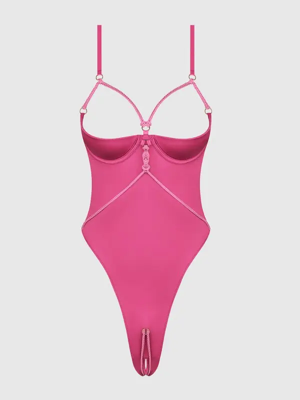 Frederick's Of Hollywood Nadya Liquid Satin & Rope Crotchless Teddy - Raspberry Pink