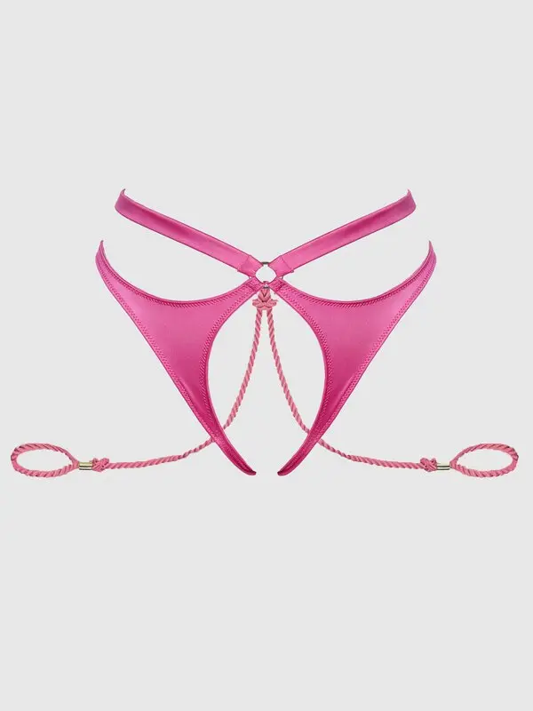 Frederick's Of Hollywood Nadya Liquid Satin & Rope Crotchless & Hand Cuff Hipster - Raspberry Pink