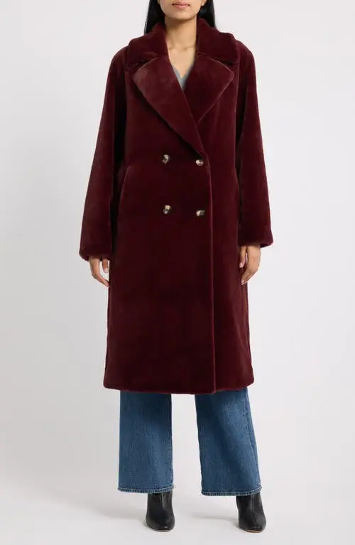 Bernardo Faux Fur Double Breasted Long Coat - Maroon