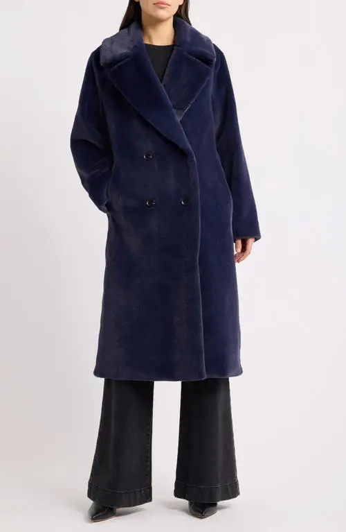 Bernardo Faux Fur Double Breasted Long Coat - Navy