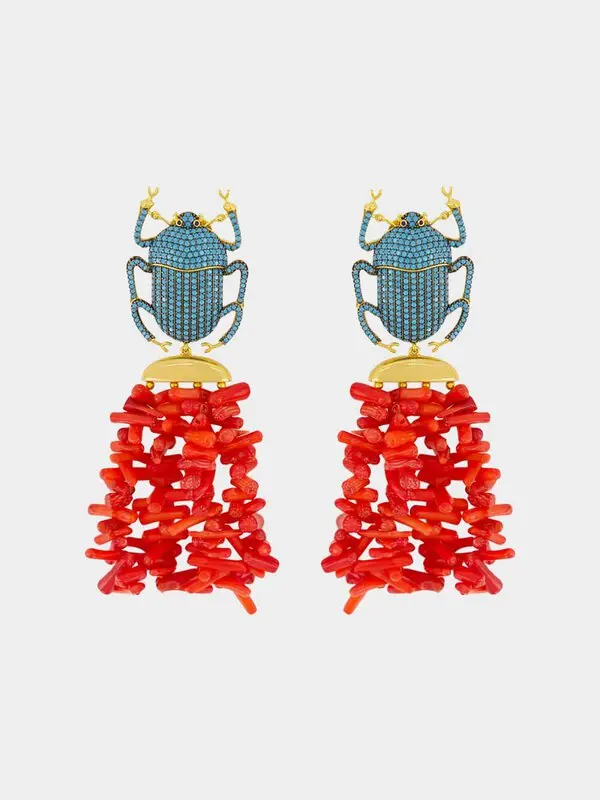 Begum Khan Gold-plated Pharaoh Earrings In Corsica Coral And Turquoise - Red