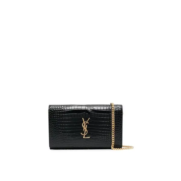 Saint Laurent Cassandre Croc Embossed Leather Chain Wallet