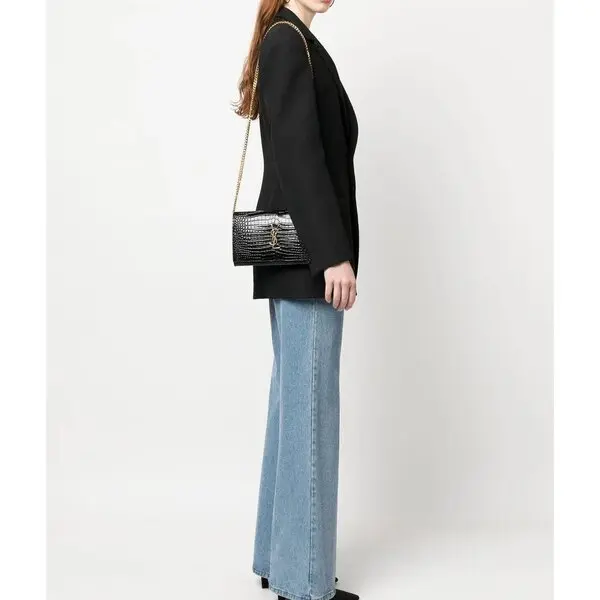 Saint Laurent Cassandre Croc Embossed Leather Chain Wallet