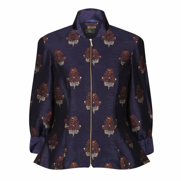 LIONESS BY TF Auburn Embroidered Raw Silk Fitted Jacket Blouse