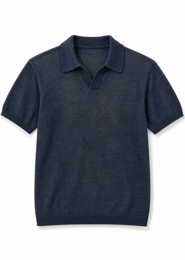 VAYLA Fine-knit Relaxed Fit Open Collar Polo Shirt Navy