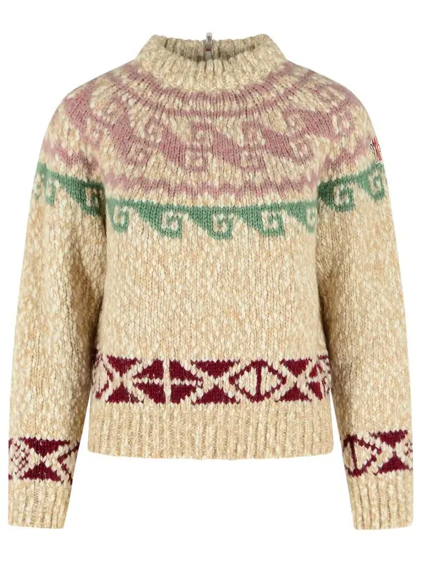 Moncler Geometric Jacquard Sweater In Light Beige Wool Blend - Cream
