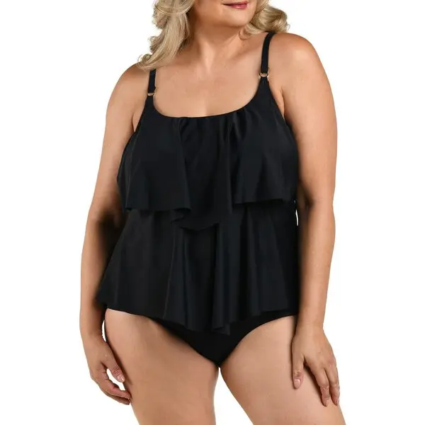MAXINE OF HOLLYWOOD Solid Double Tiered Tankini Top - Black