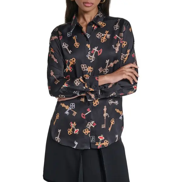 Karl Lagerfeld Paris Oversized Woven Top - Black Multi