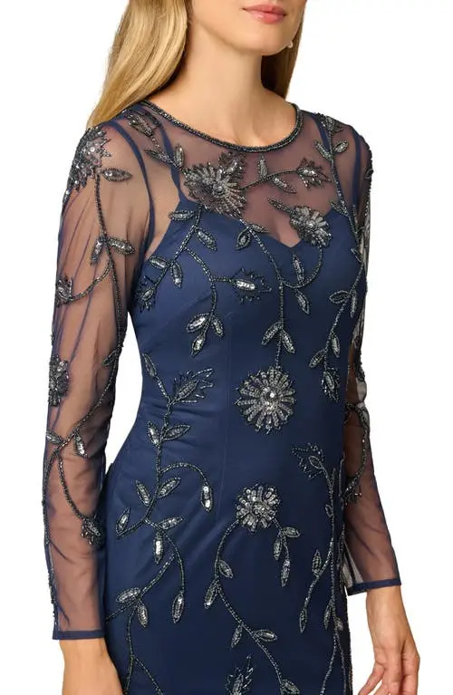 Adrianna Papell Beaded Floral Long Sleeve Mesh Gown