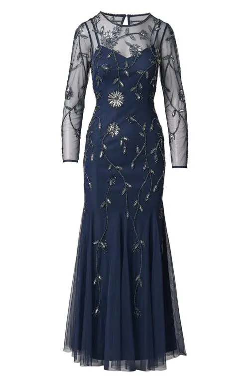 Adrianna Papell Beaded Floral Long Sleeve Mesh Gown