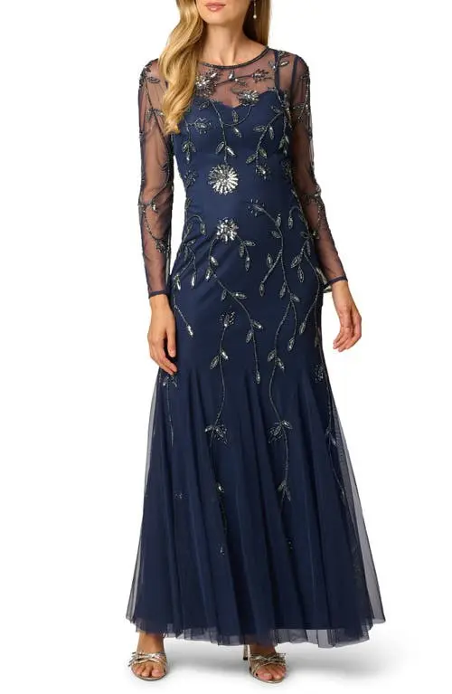 Adrianna Papell Beaded Floral Long Sleeve Mesh Gown - Light Navy