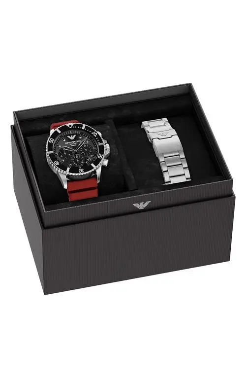 Emporio Armani World Explorer Solar Chronograph Bracelet Watch Set - Red/silver