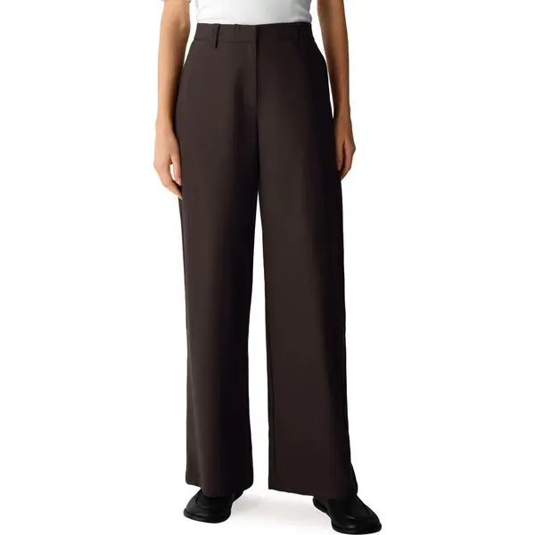 Eileen Fisher High Waist Wide Leg Wool Trousers - Coffee