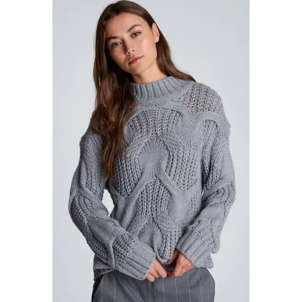 KENNETH COLE COLLECTION Oversized Cable Knit Mock Neck Sweater - Medium Heather Grey