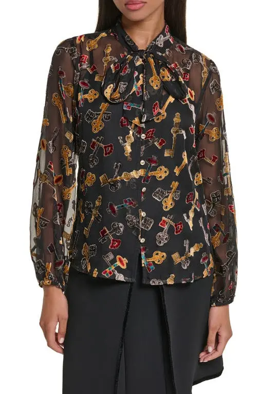 Karl Lagerfeld Paris Velvet Burnout Tie Neck Blouse