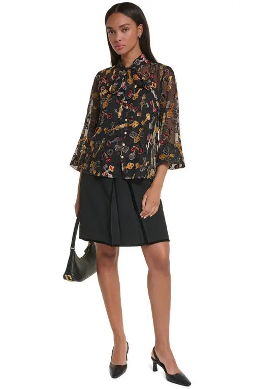Karl Lagerfeld Paris Velvet Burnout Tie Neck Blouse