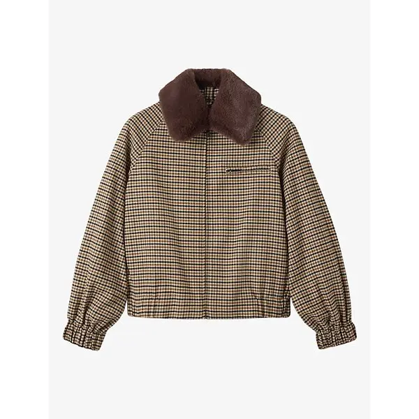 Whistles Faux-fur Collar Check Cotton Bomber Jacket - Brown/multi