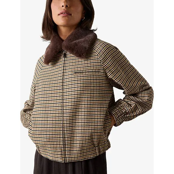 Whistles Faux-fur Collar Check Cotton Bomber Jacket