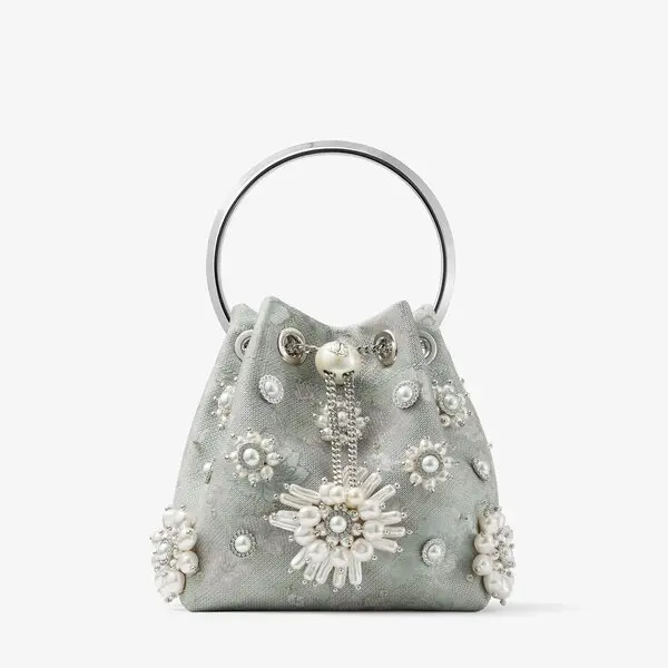 JIMMY CHOO Bon Bon Olive Brocade Bucket Bag With Floral Pearl Embroidery - Olive Mix/silver