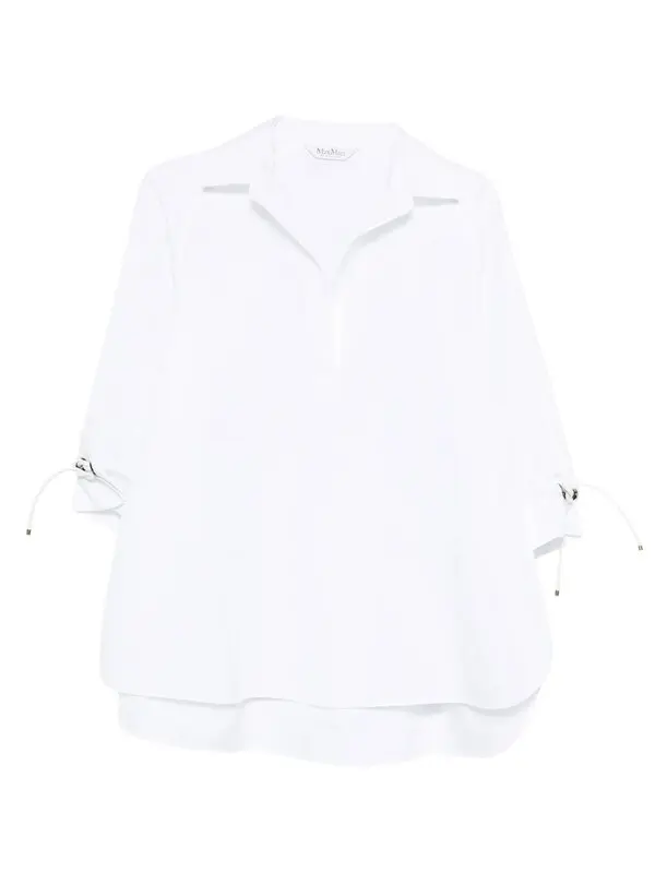 Max Mara Wide-leg Open Polo Collar Raglan Cotton Shirt With Side Slits - Bianco