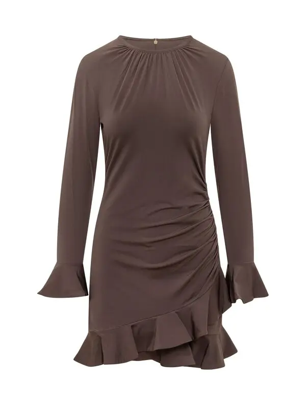 Michael Kors Ruffled Ruched Mini Dress With Draped Detail - Chocolate