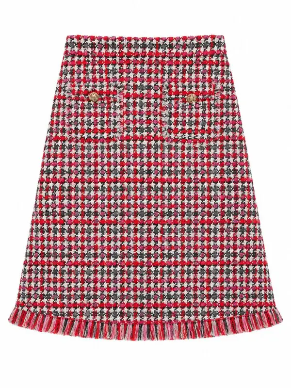 SELF-PORTRAIT Tweed A-line Skirt With Fringe Hem - Red