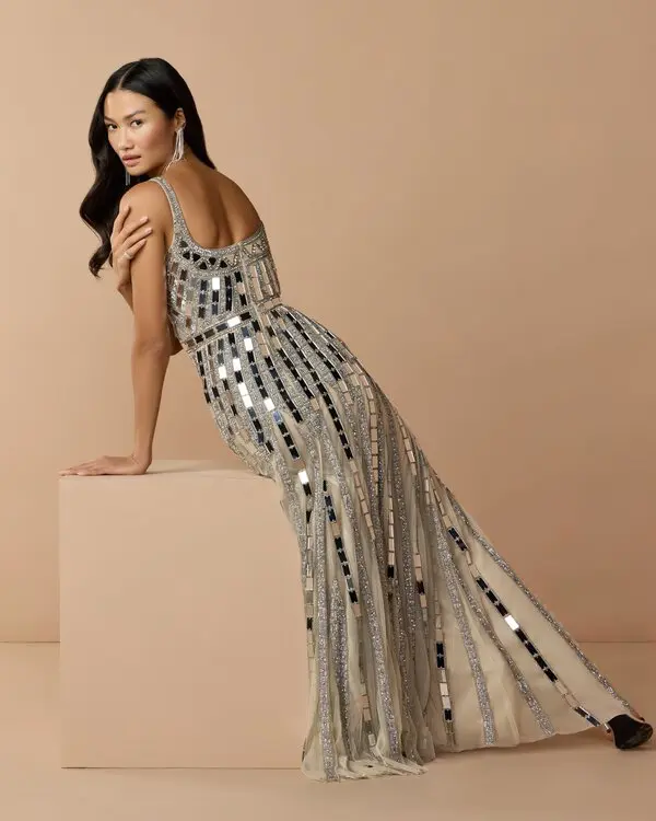MAC DUGGAL COLLECTION Mirror Embellished Sleeveless Evening Gown - Silver