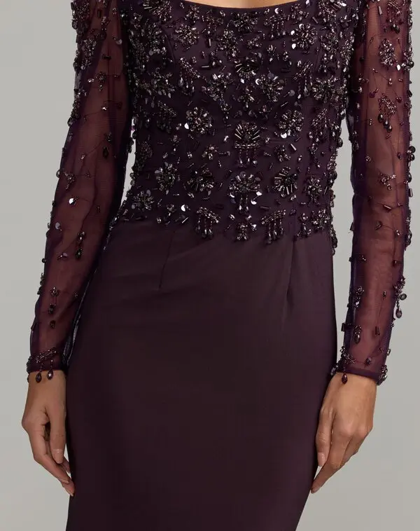 Mac Duggal Long Sleeve Beaded Column Gown