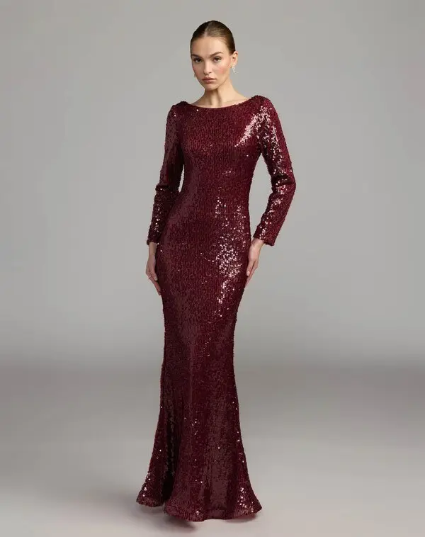 Mac Duggal Long Sleeve Cowl Back Sequin Gown