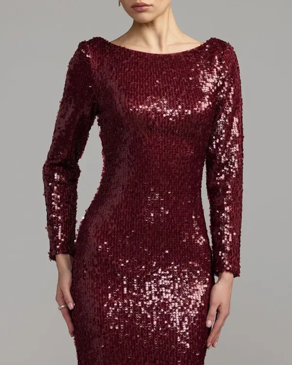 Mac Duggal Long Sleeve Cowl Back Sequin Gown