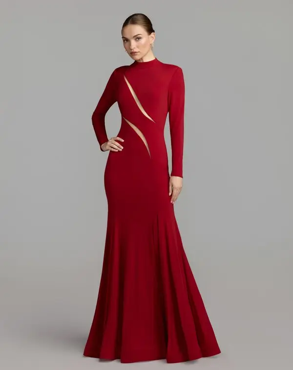 Mac Duggal Mock Neck Long Sleeve Cut Out Jersey Gown - Red
