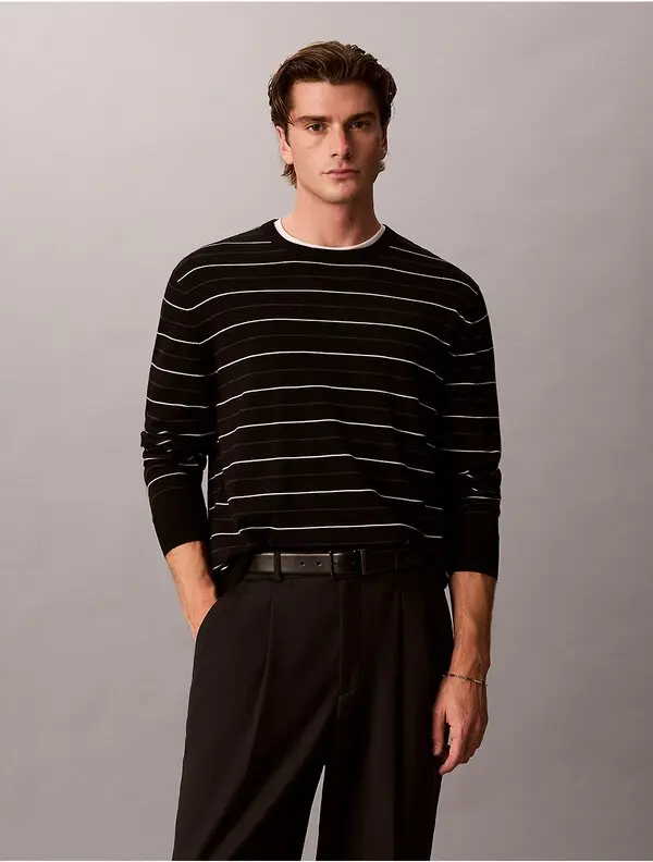 Calvin Klein Merino Stripe Crewneck Sweater - Black