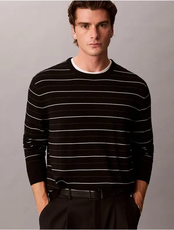Calvin Klein Merino Stripe Crewneck Sweater - Black