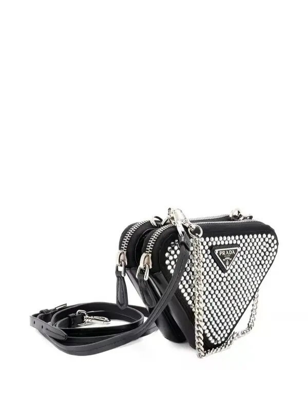 Prada Triangle Double Pouch Crystal Embellished Satin Mini Crossbody Bag - Black