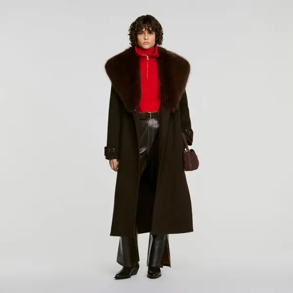 Sandro Long Coat With Faux Fur Collar