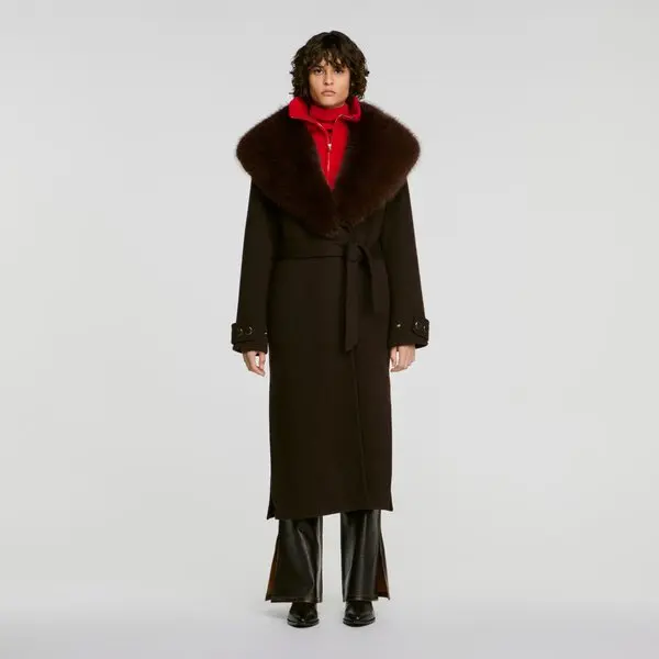 Sandro Long Coat With Faux Fur Collar