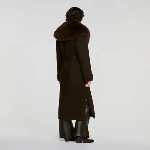 Sandro Long Coat With Faux Fur Collar